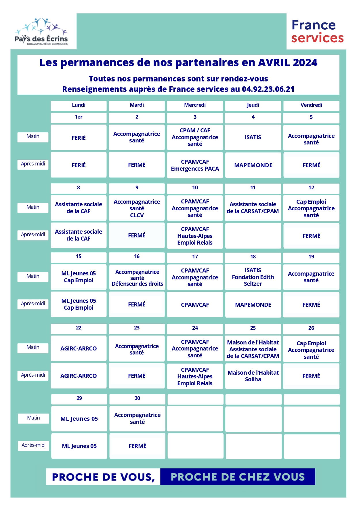 PLANNING DES PERMANENCES FRANCE SERVICES AVRIL 2024 - Mairie les Vigneaux