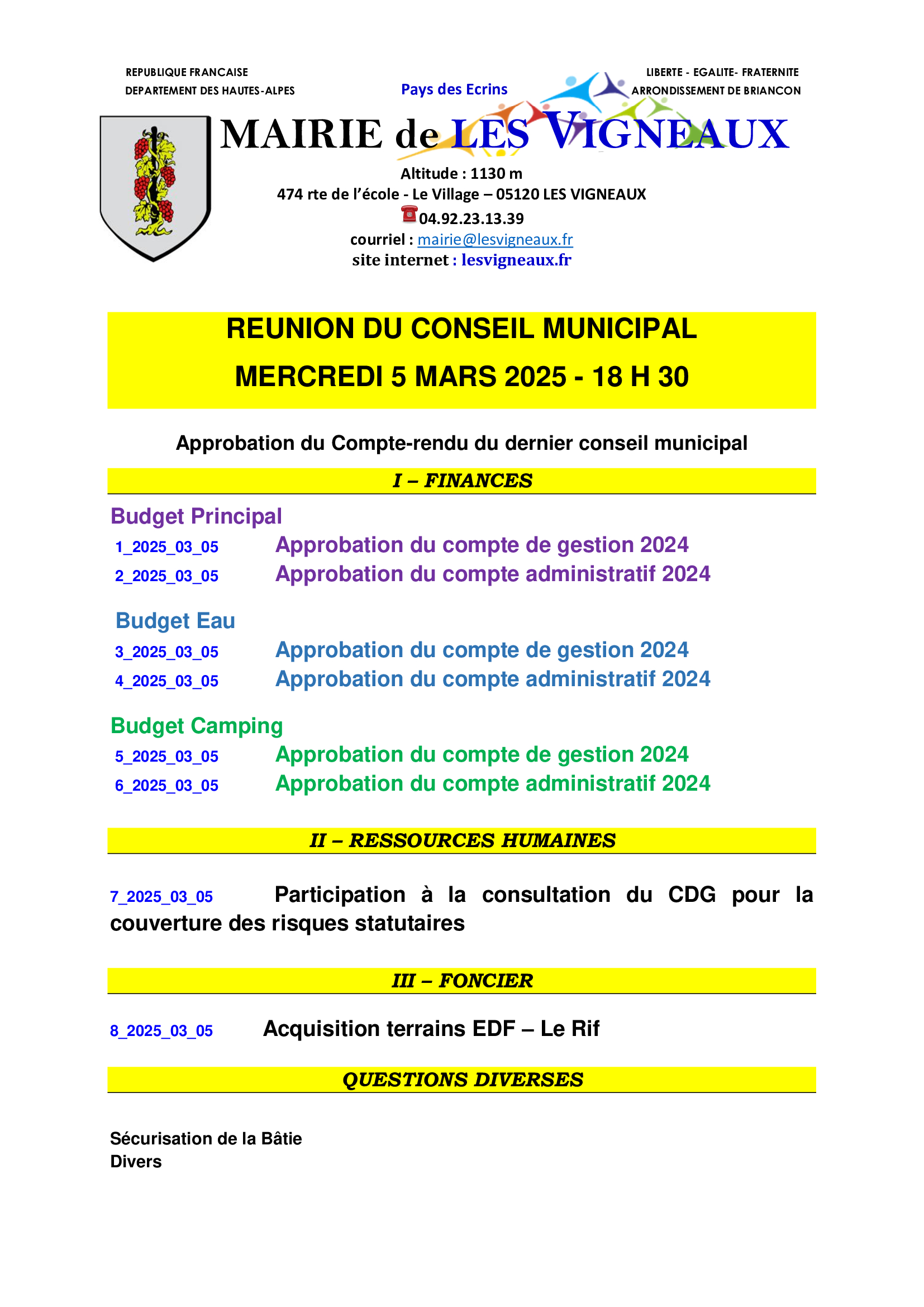 Convocation Conseil municipal du 05 mars 2025 - Mairie les Vigneaux